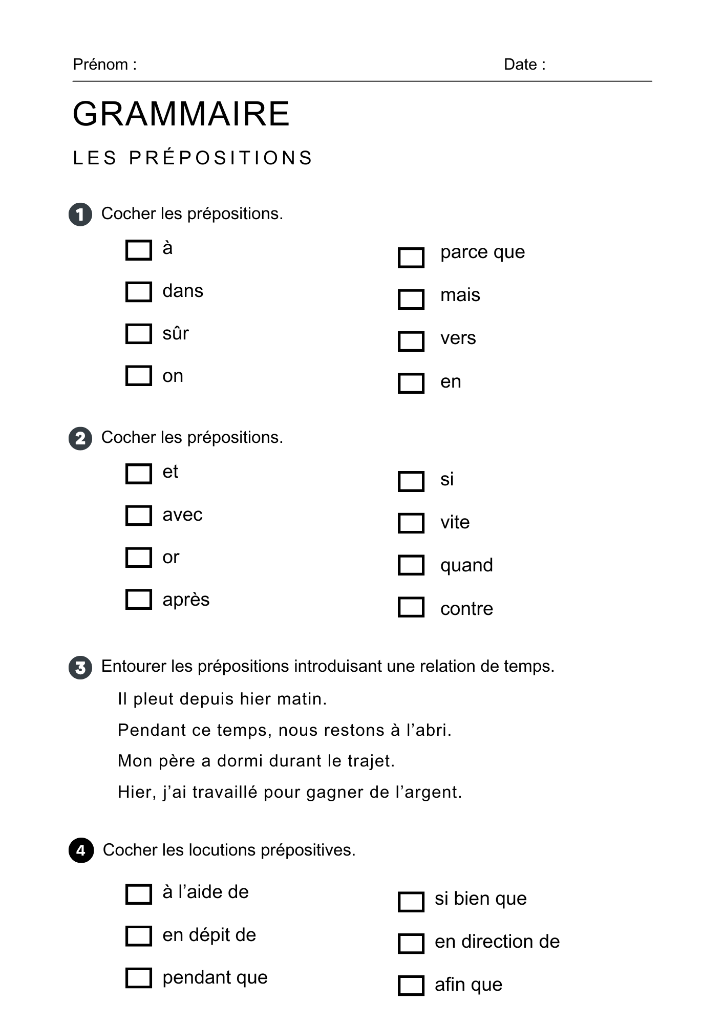 Exercices sur les prépositions en français (2 fiches de 8 exercices ...