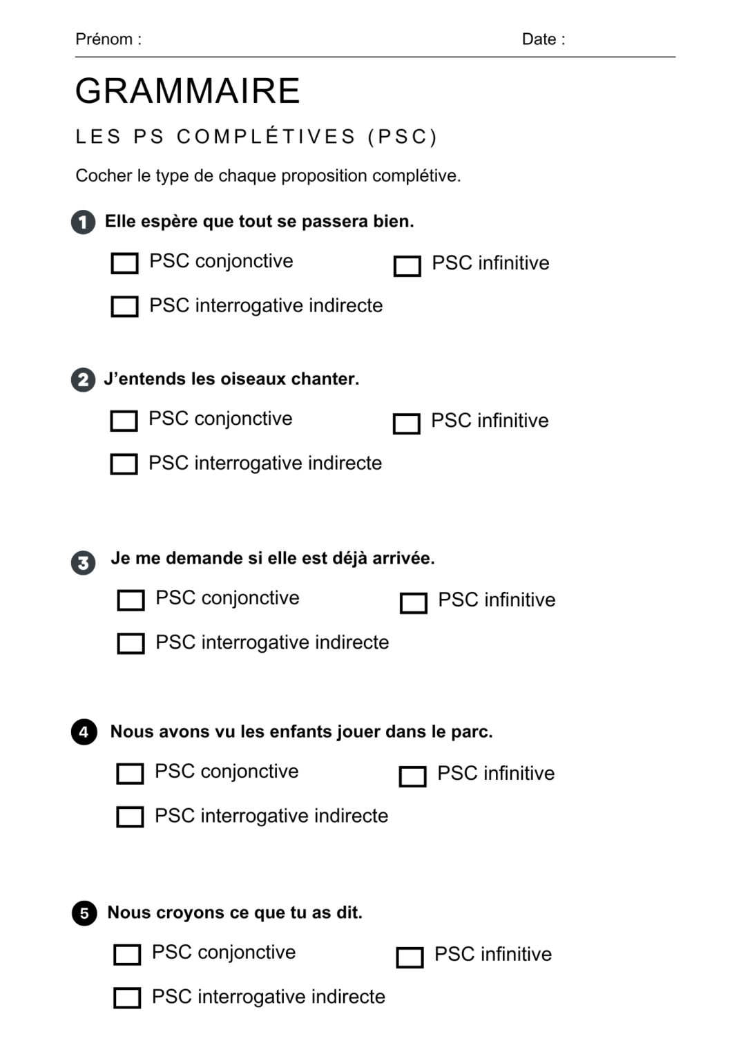 Exercices sur les propositions subordonnées complétives (PSC)