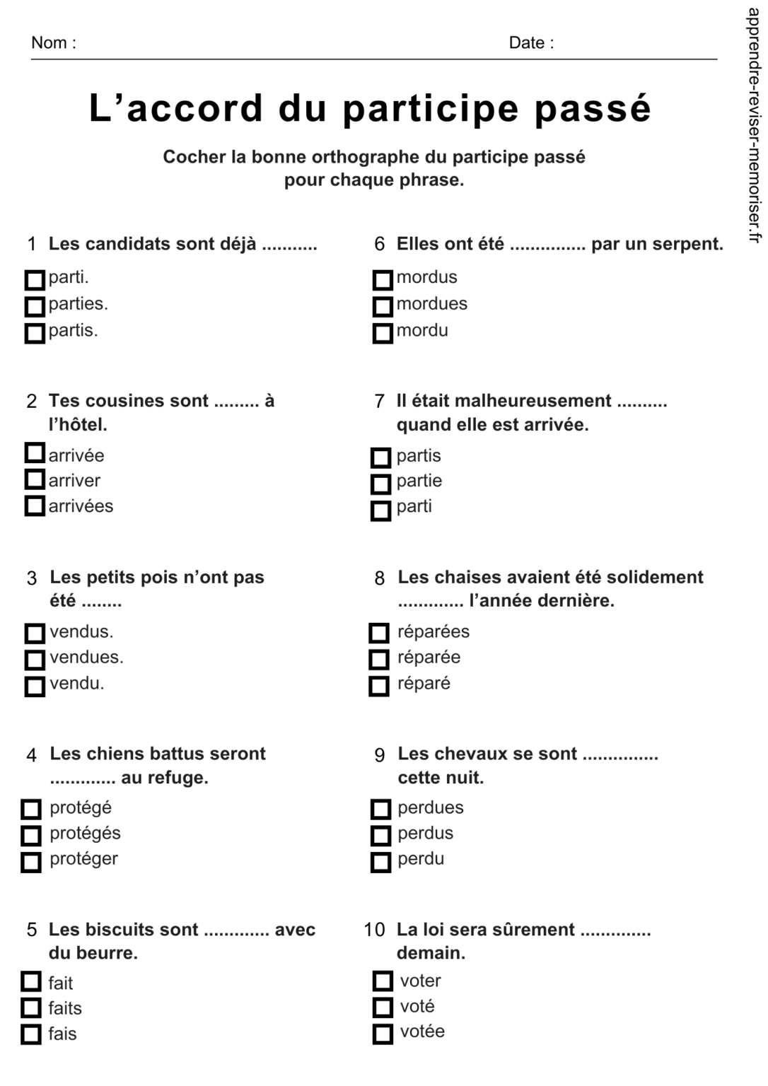 Exercice sur l'accord du participe passé en français