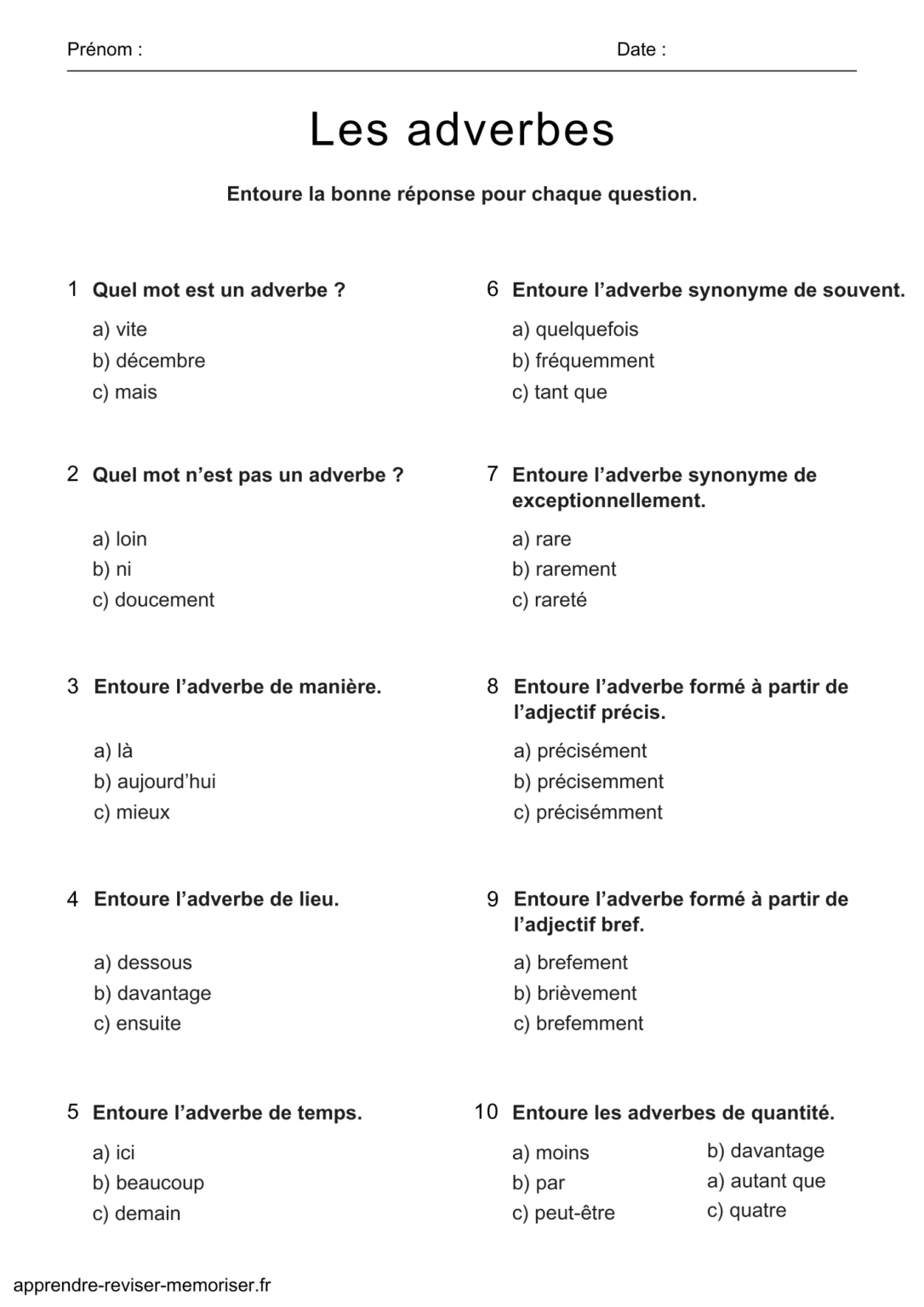Exercices sur les adverbes en français (collège, grammaire)