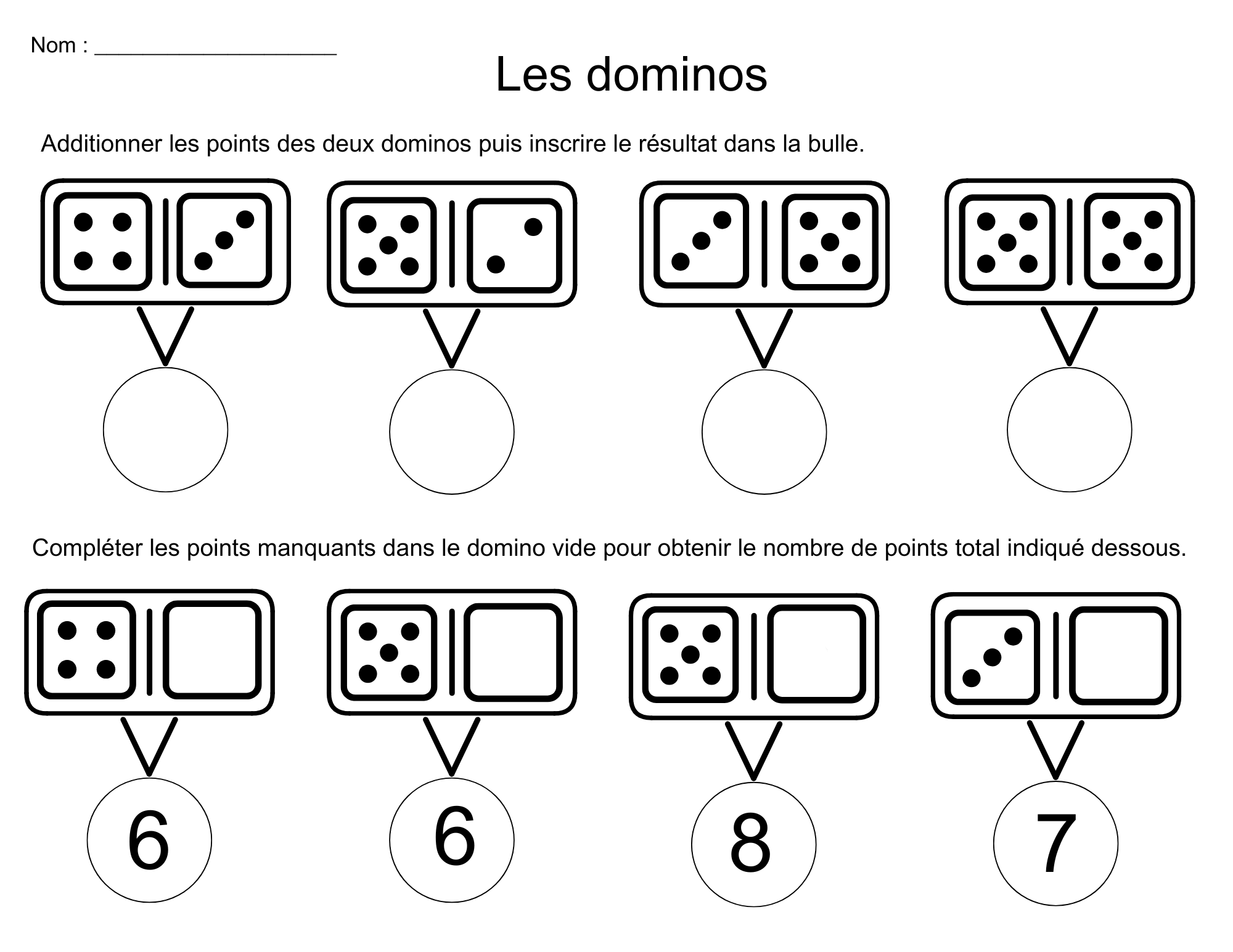 Fiche d'exercices d'addition faciles (maternelle et CP) - dominos
