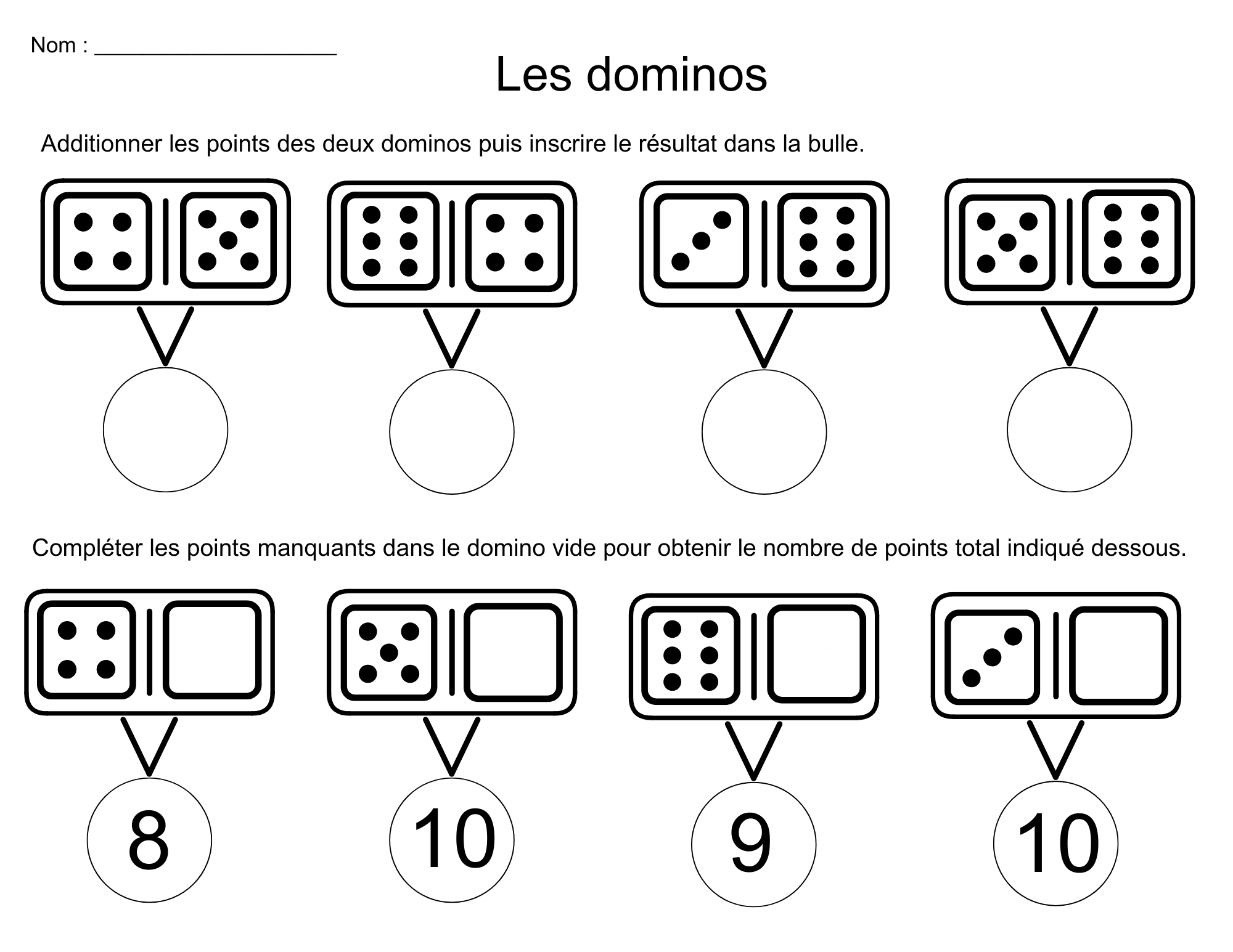 Fiche d'exercices d'addition faciles (maternelle et CP) - dominos