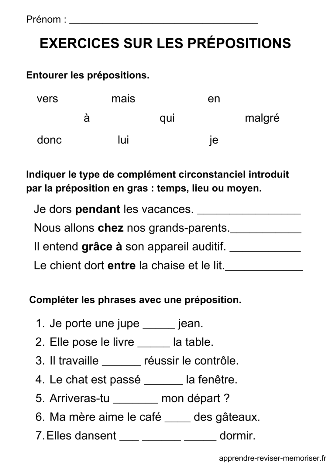 Exercices sur les prépositions à imprimer en français