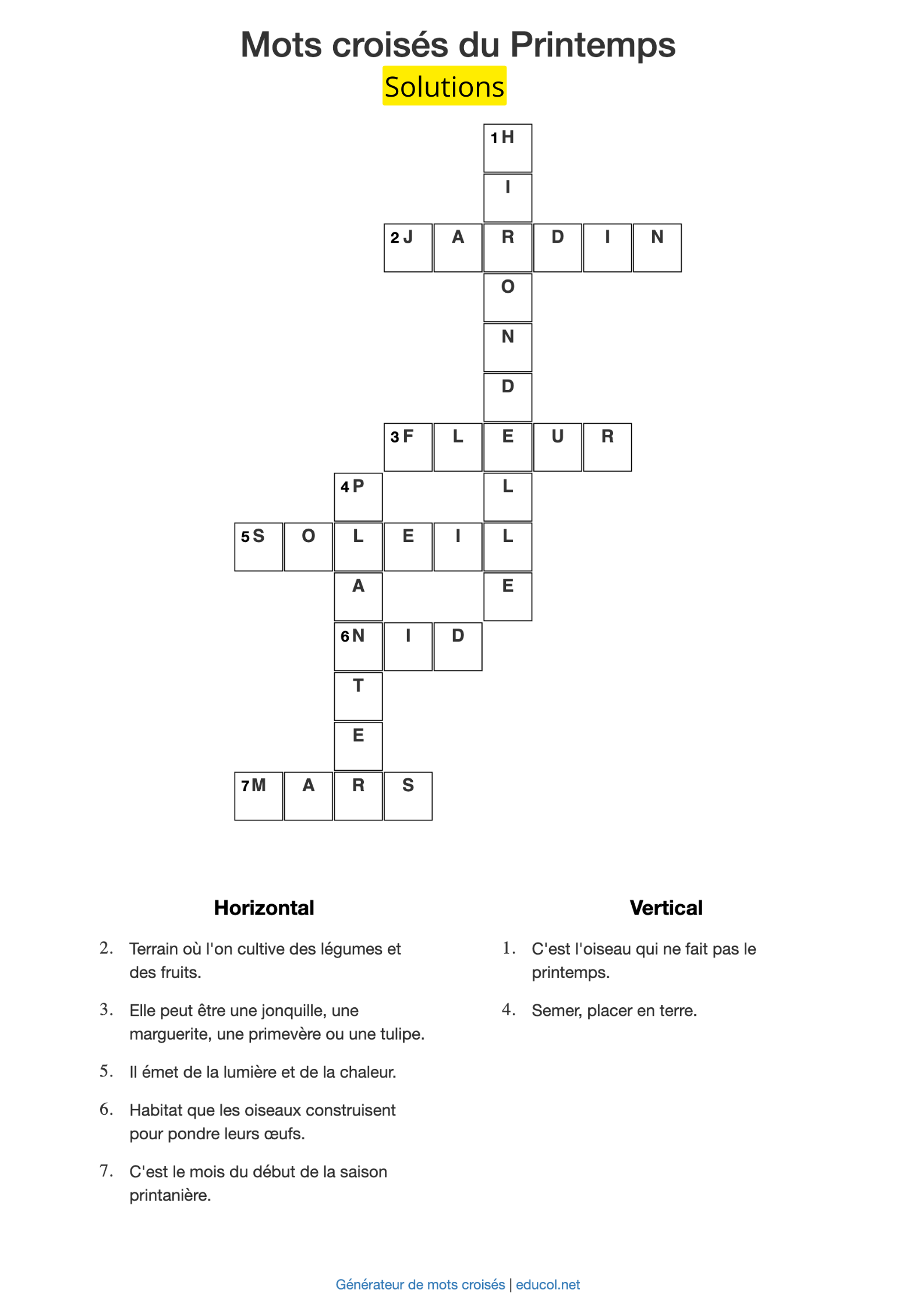 mots croisés printemps - Apprendre, réviser, mémoriser