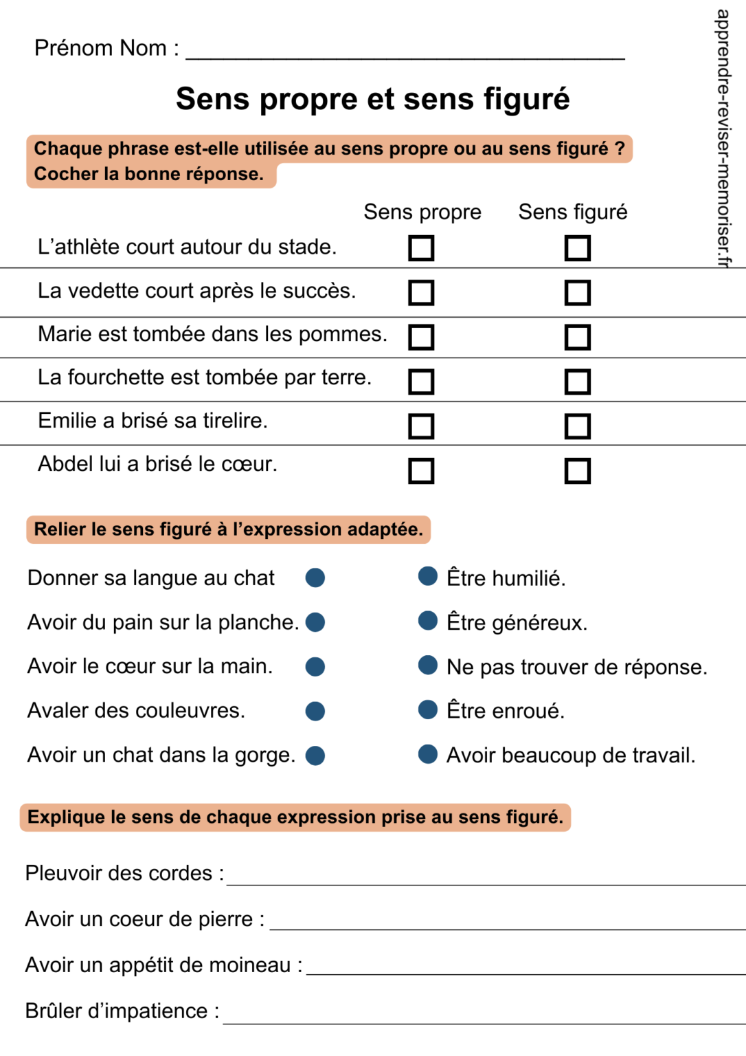 Fiche d'exercices en français sur le sens propre et le sens figuré