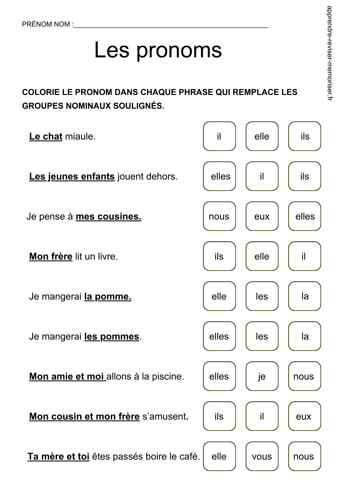 Fiche d'exercices sur les pronoms en français (cycle 3)