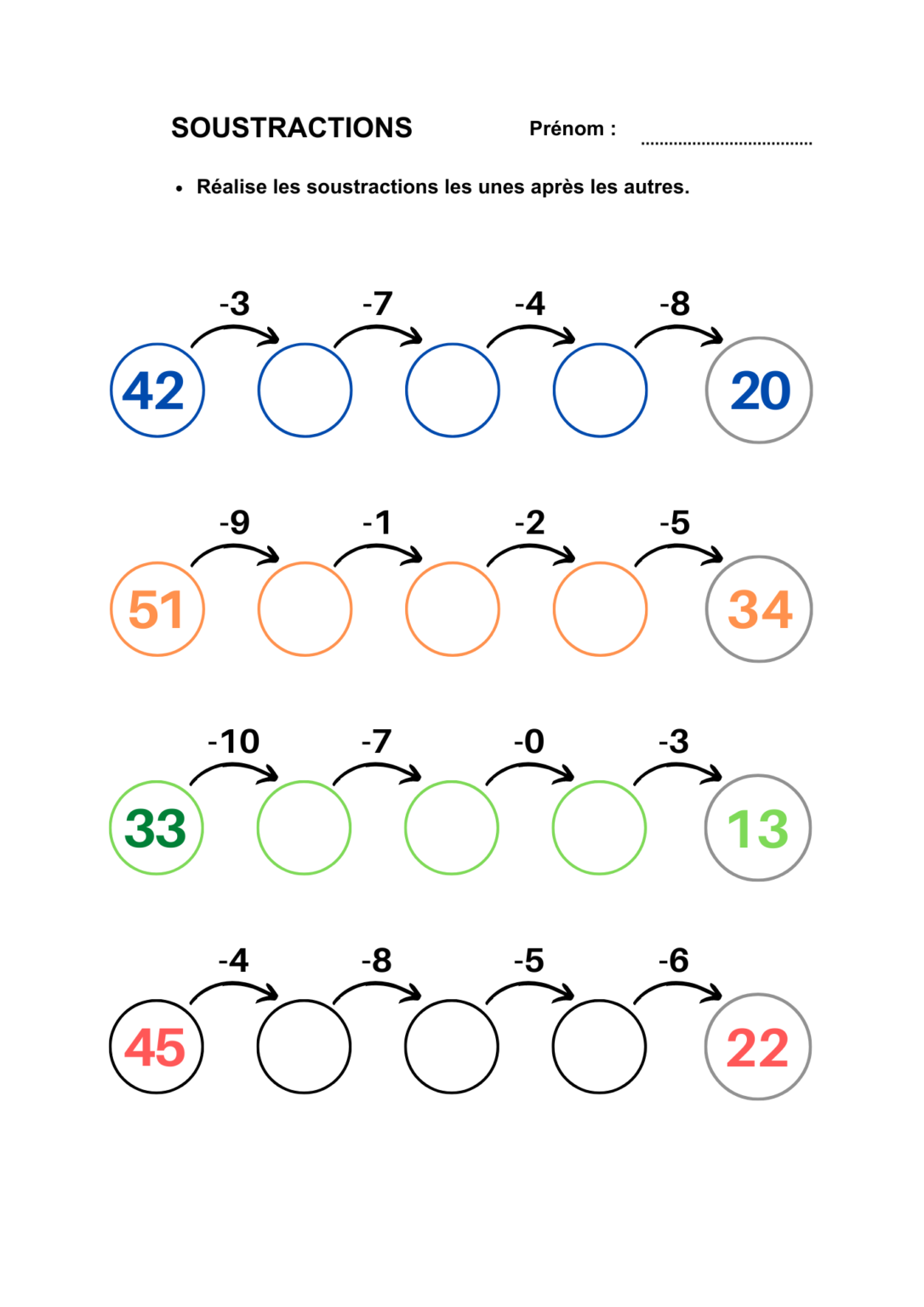 Fiche de calcul mental CE2 - additions et soustractions