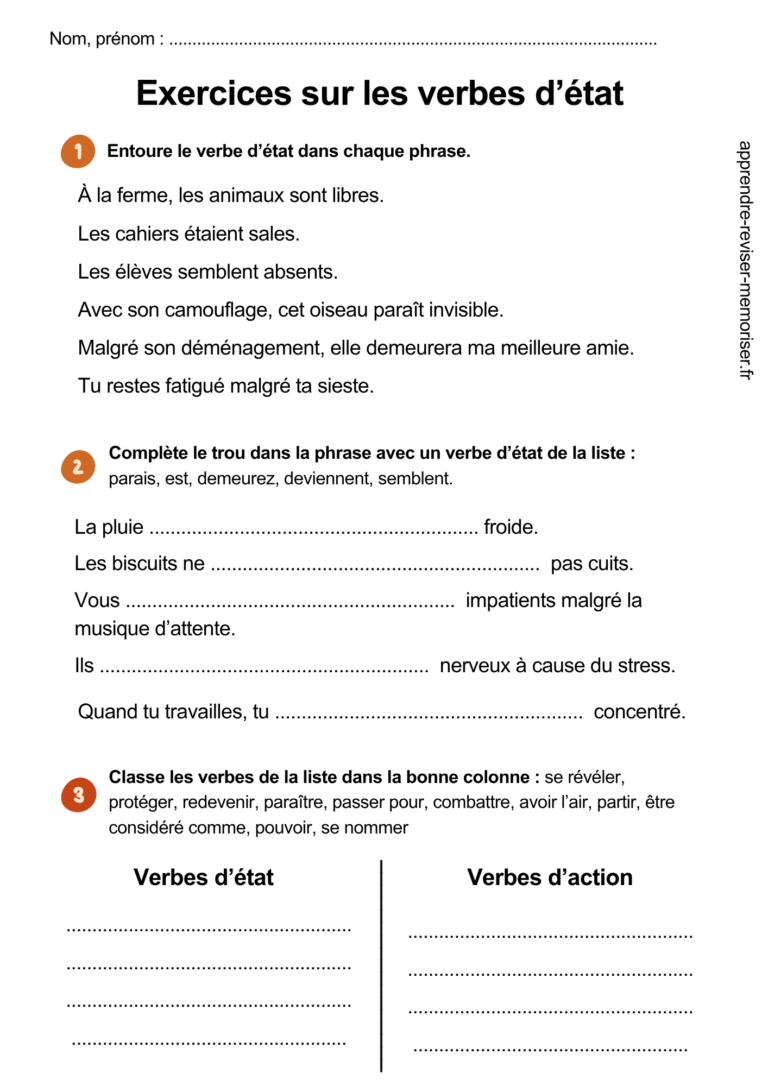 Exercices sur les verbes d’état (fiche à télécharger avec la correction)