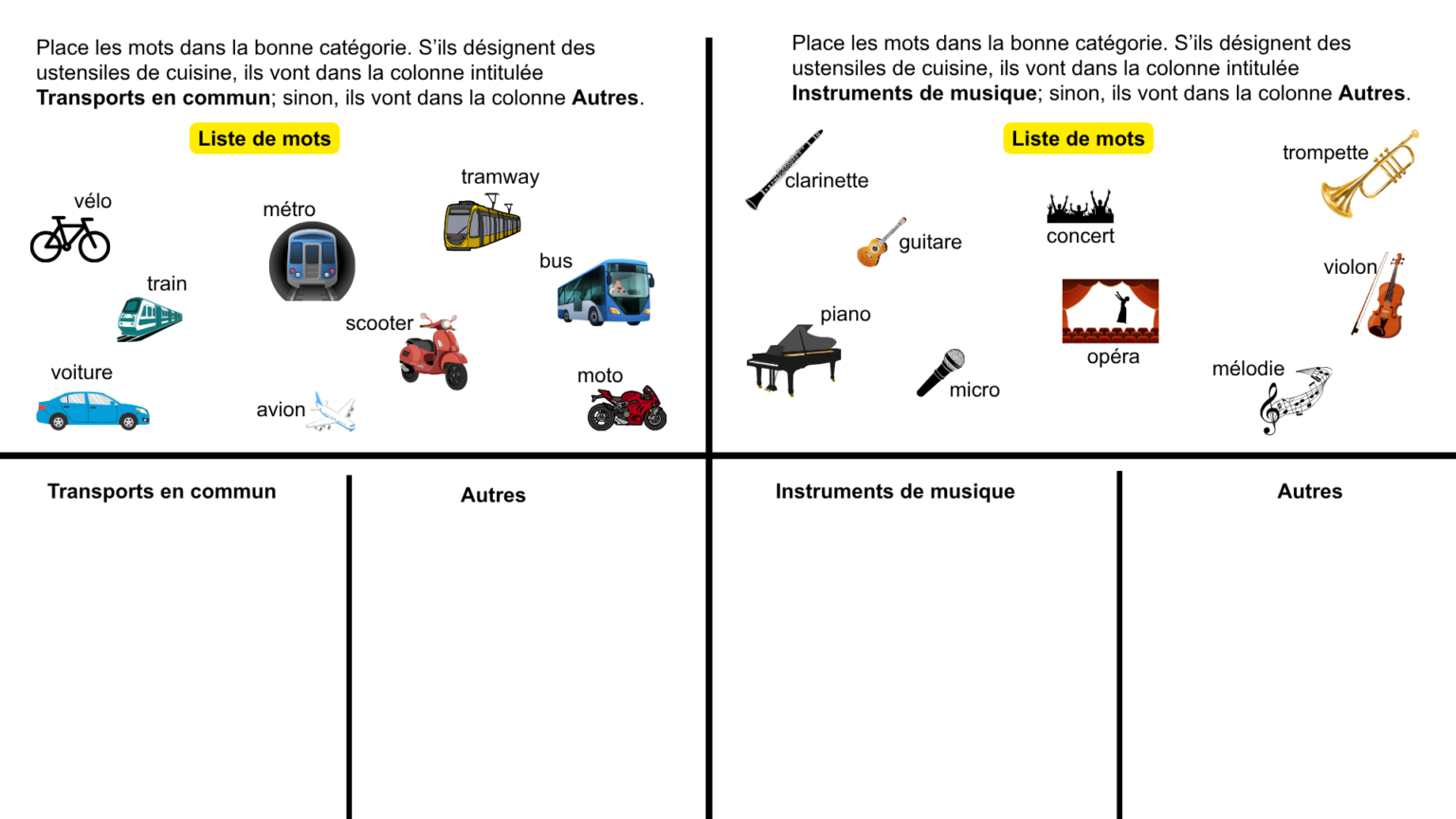 Exercices de vocabulaire pour catégoriser des mots