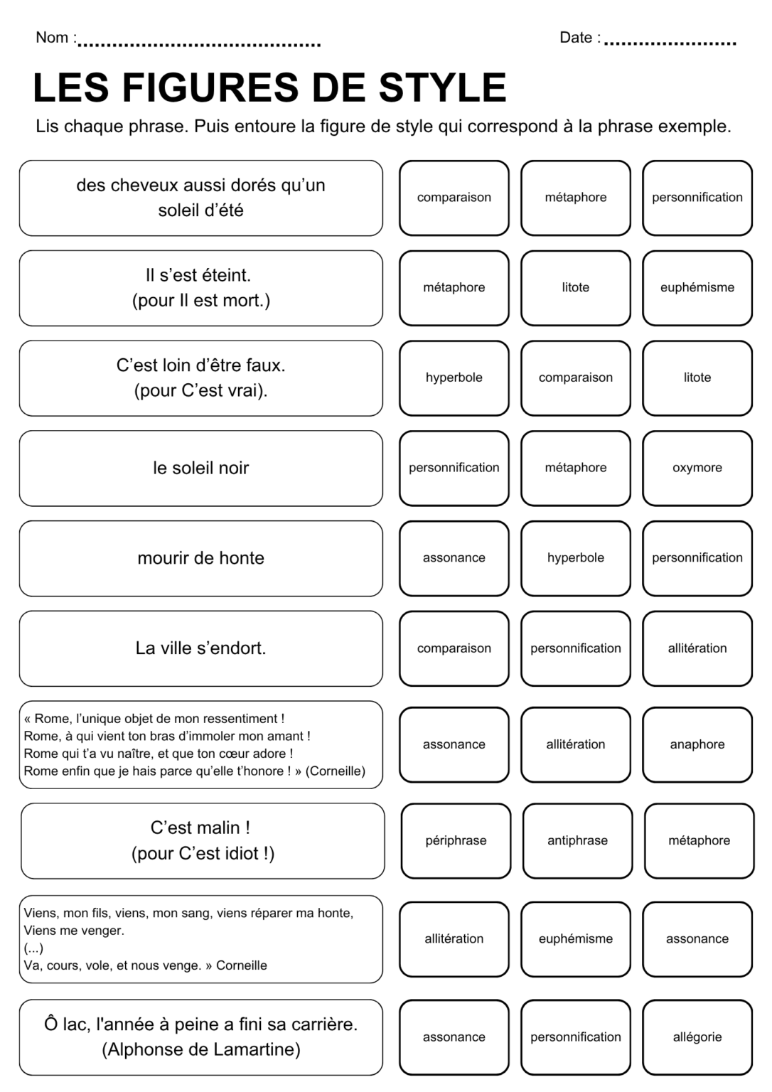 Fiche d'exercices sur les figures de style en français
