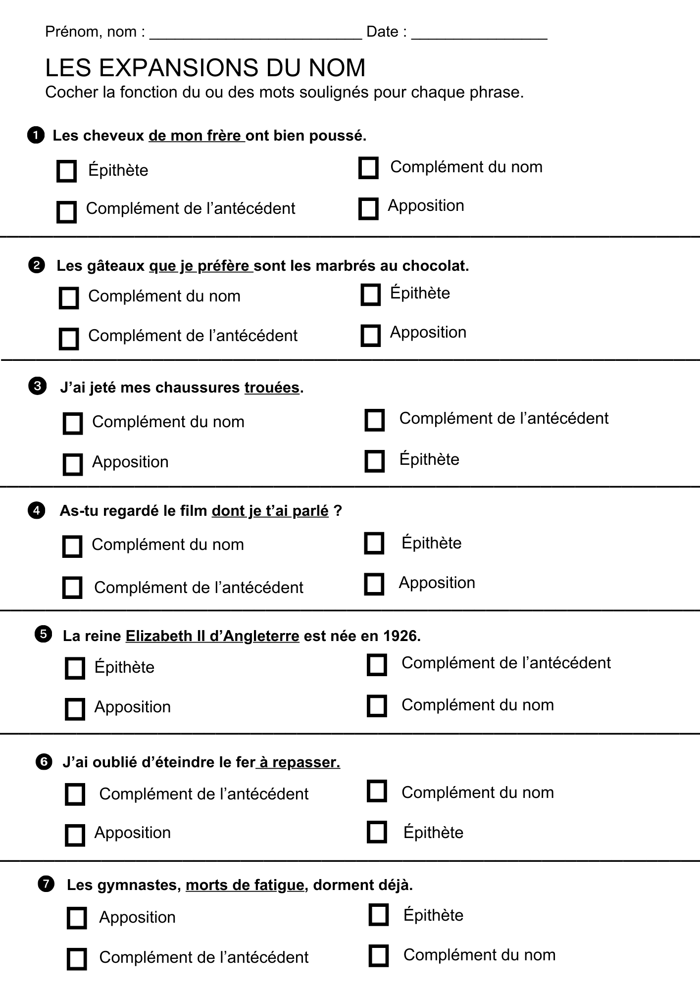 Exercices sur les expansions du nom en français (PDF)