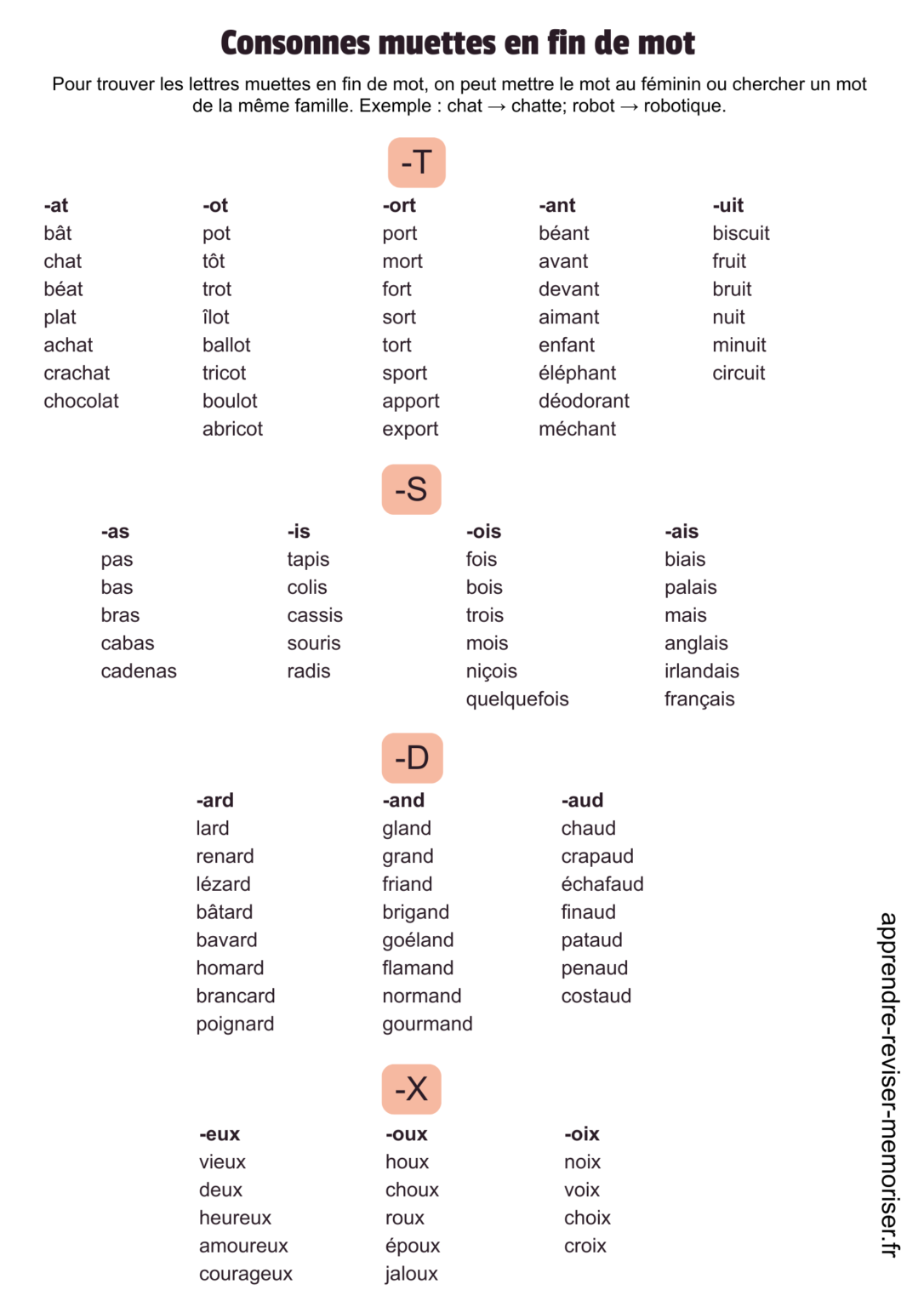 Consonnes fréquentes muettes en fin de mot (liste de mots)