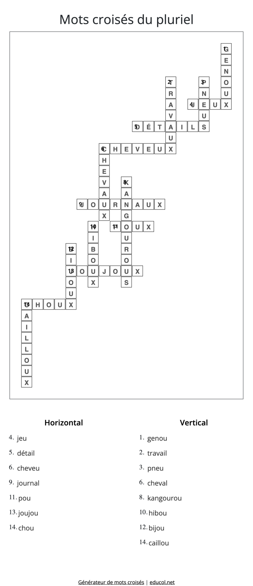 Mots croisés du pluriel des mots en français (PDF à télécharger)