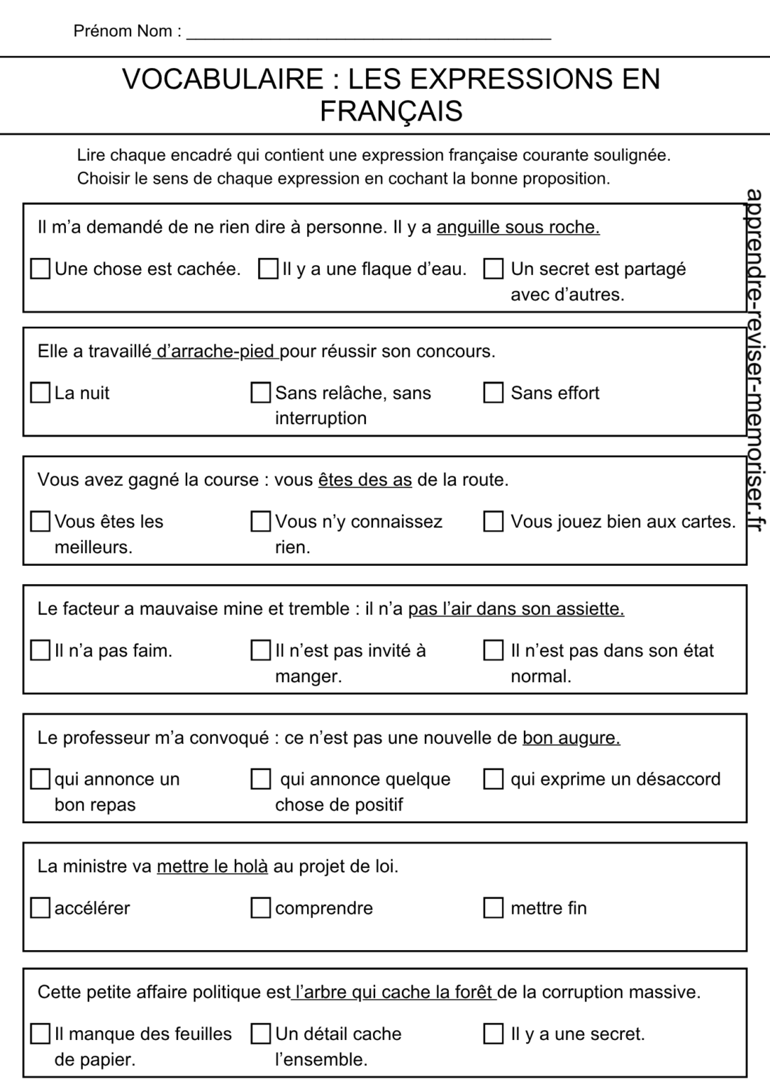 Vocabulaire : un exercice sur les expressions en français