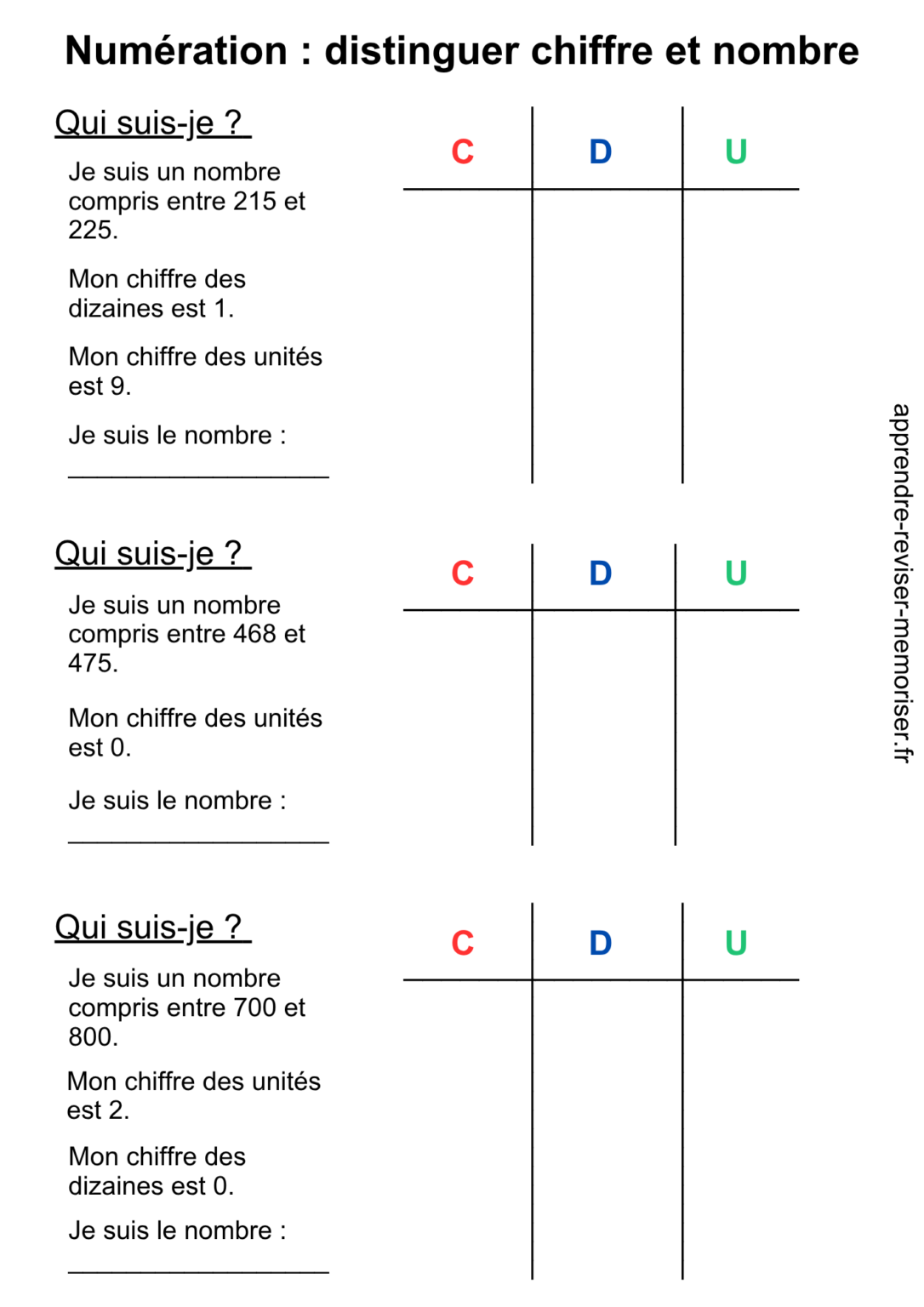 Exercices de numération : distinguer chiffre et nombre
